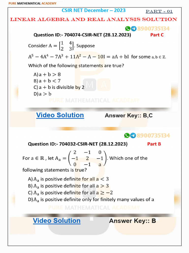 CSIR NET Mathematics Dec 2023 Solution (RA and LA Part 01) | PDF ...