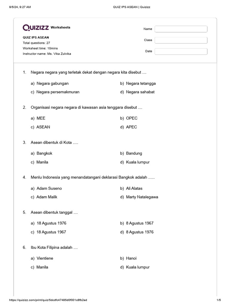 QUIZ IPS ASEAN _ Quizizz | PDF