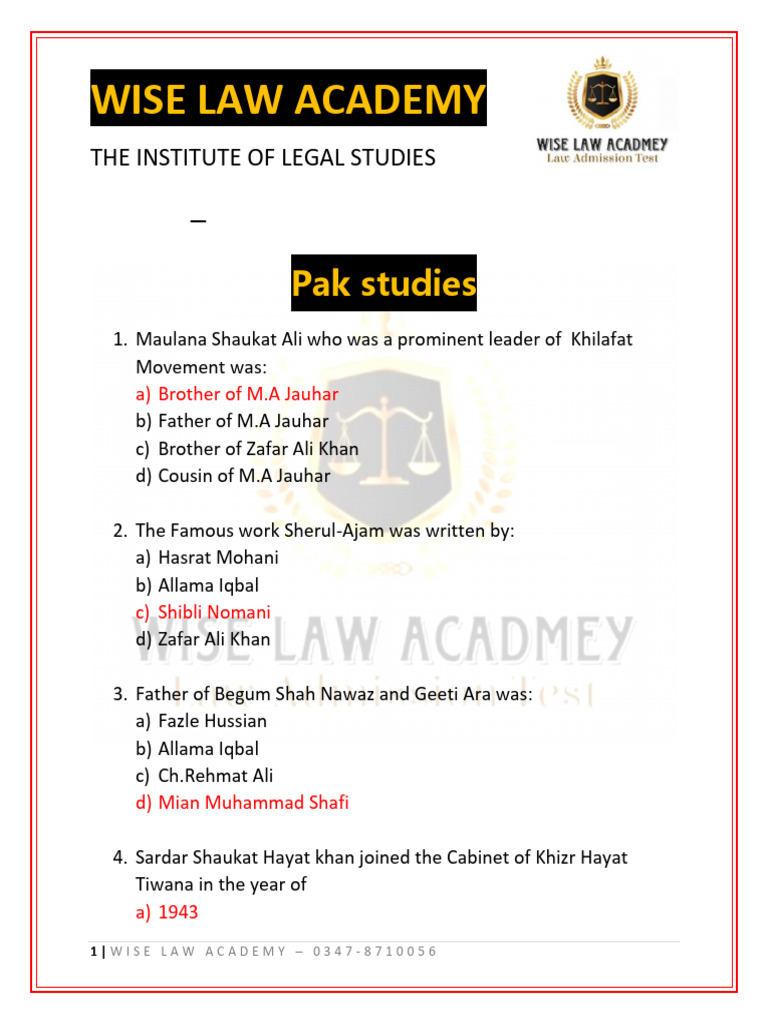 Wise Law Academy - Pak Studies 82 - Lat | PDF