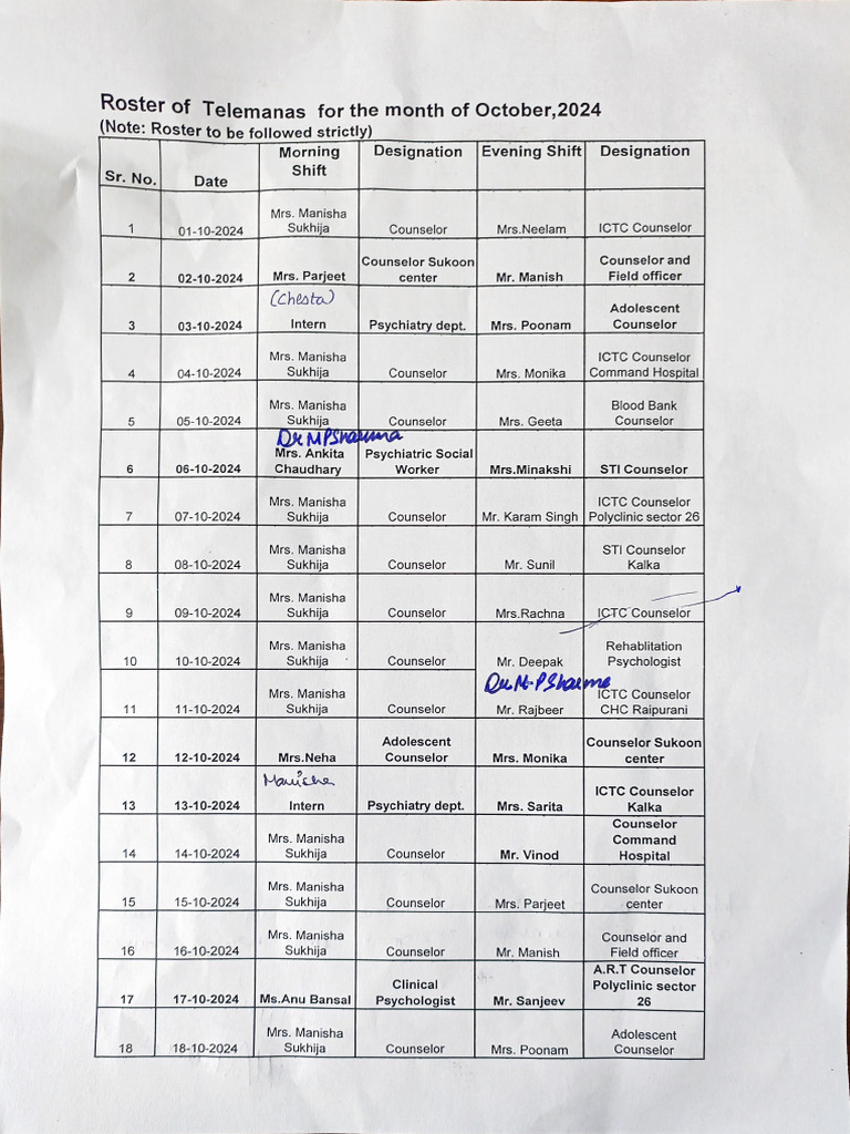 Roster For The Month of October 24 | PDF