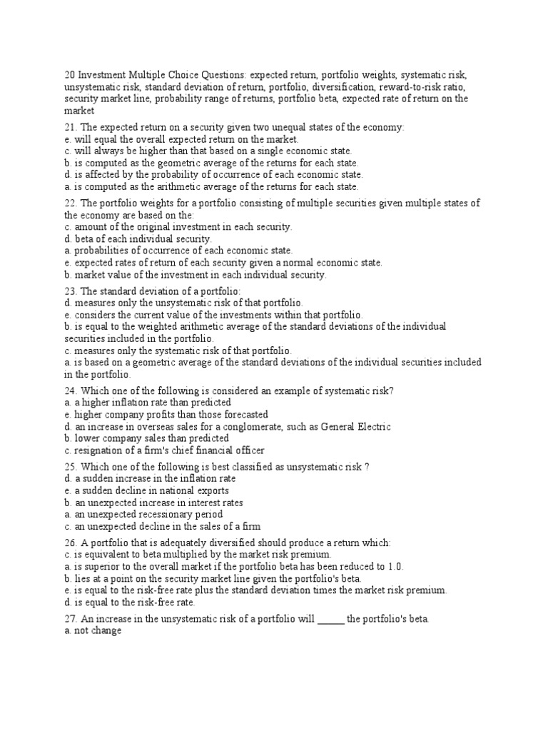 20 Investment Multiple Choice Questions | PDF | Beta (Finance ...