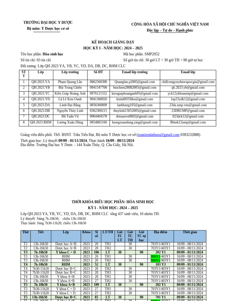 KẾ HOẠCH GIẢNG DẠY HÓA SINH HỌC 2024 - 2025 HK1 Cập Nhật 14.9.2024 | PDF