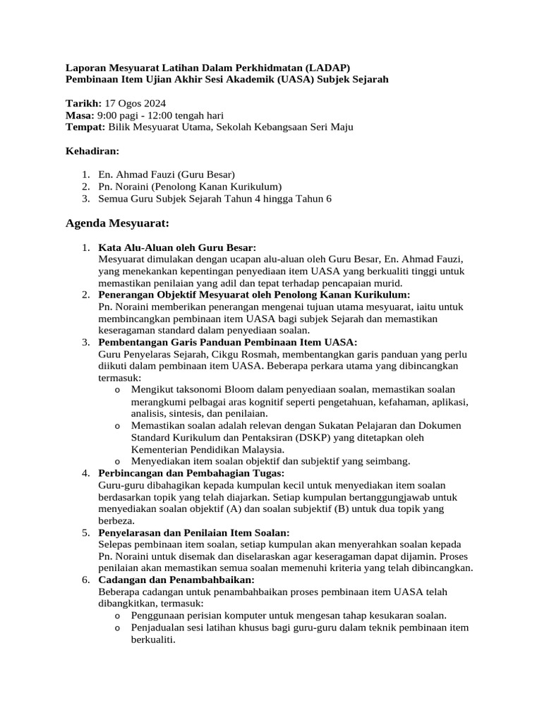 Laporan Mesyuarat Ladap UASA | PDF