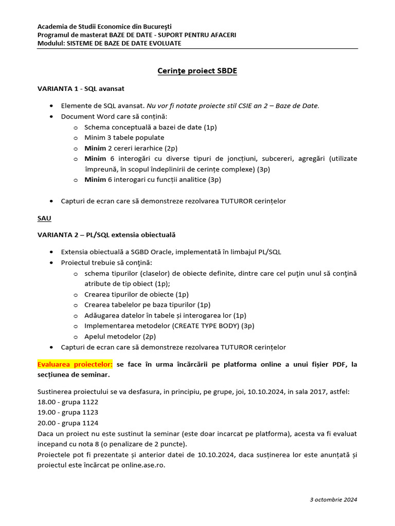 Cerinte Proiect SBDE 2024 | PDF