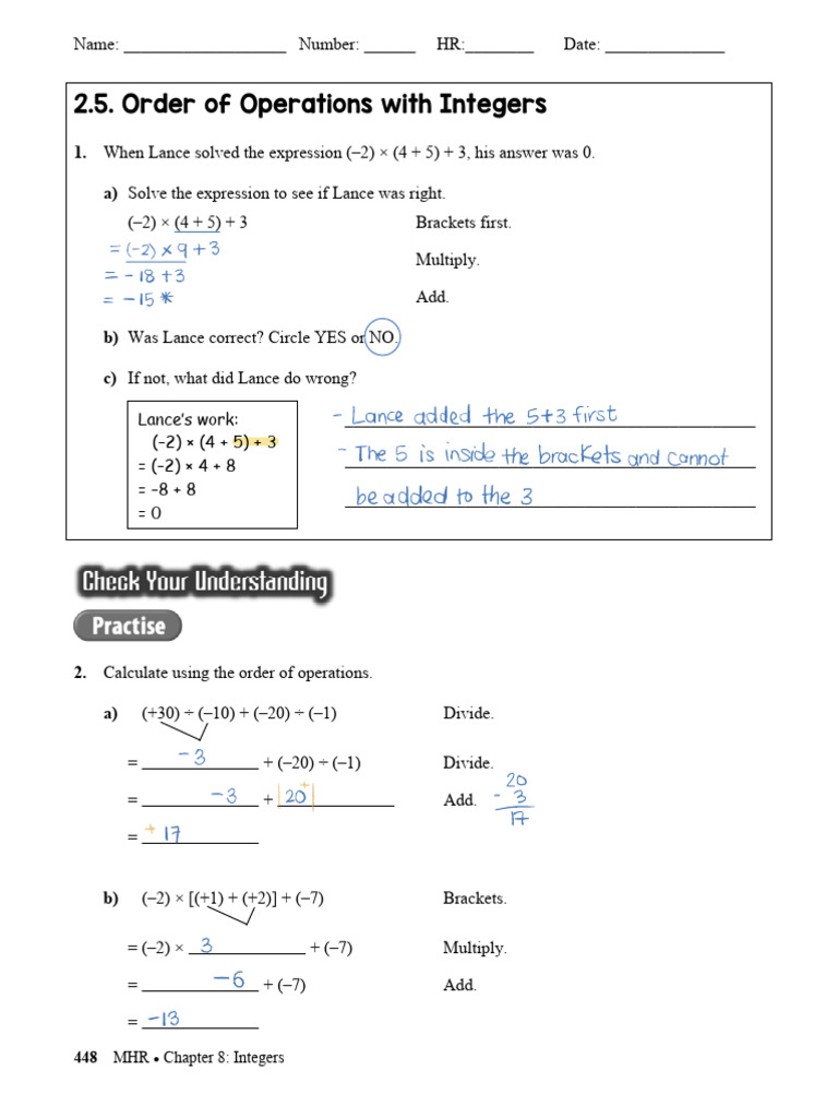 2.5 Order of Operations - Assignment (Answers + Procress) | PDF