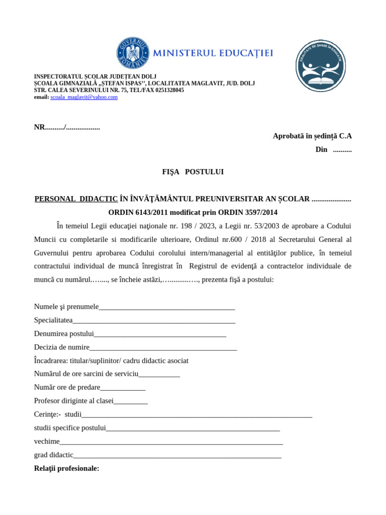 1 Fisa A Post Personalul Didactic-1 | PDF
