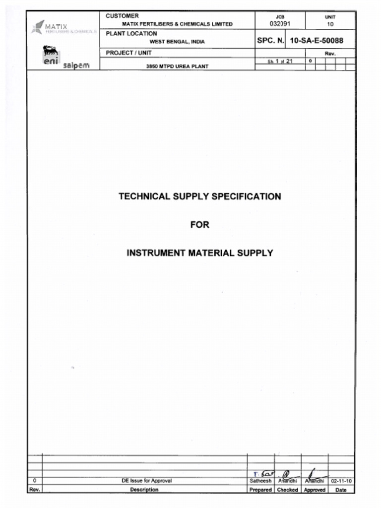 000 - 0 Tech Spec. For Instrument Material Supply | PDF