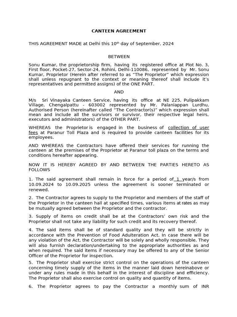 Canteen Agreement-Sonu Kumar-Vinayak | PDF | Lawsuit | Employment
