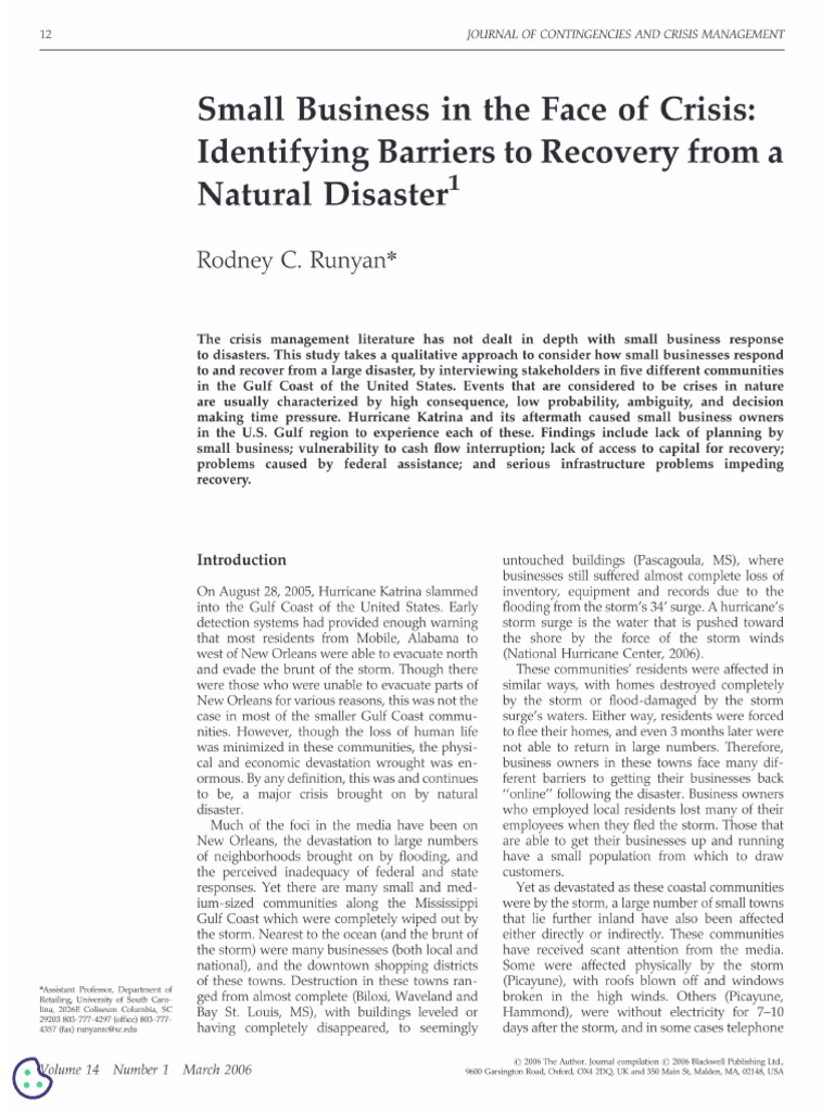 Small Business in The Face of Crisis Identifying Barriers To Recovery From A Natural Disaster1 | PDF