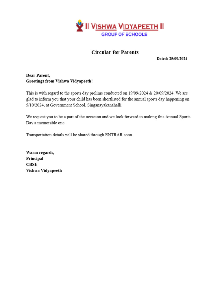 2714 Circular To Parents For Sports Day | PDF