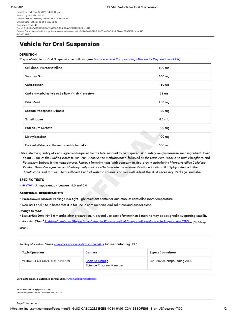 USP-NF Vehicle For Oral Suspension | PDF