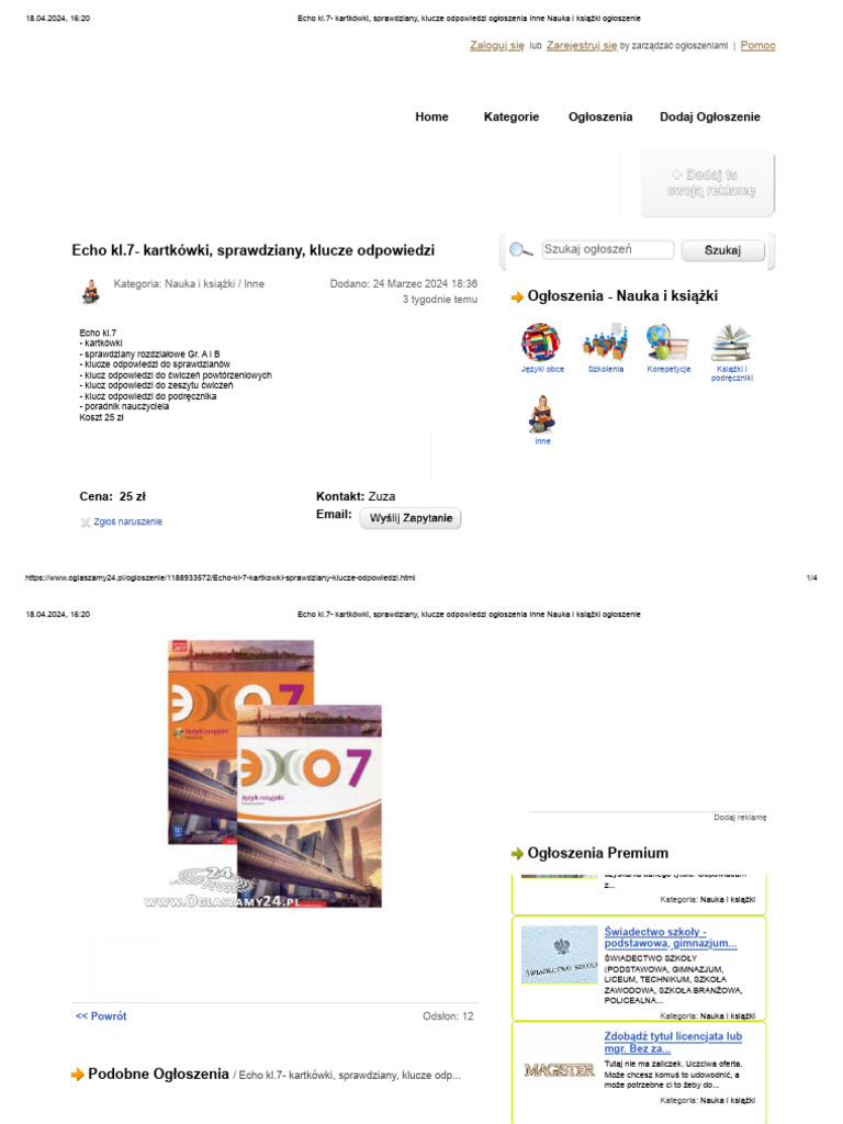 Echo kl.7 - Kartkówki, Sprawdziany, Klucze Odpowiedzi Ogłoszenia Inne Nauka I Książki Ogłoszenie ...