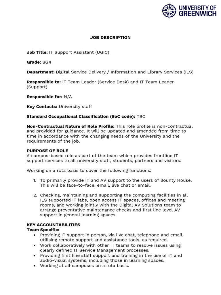 IT Support Assistant - Job Description - Aug 2024 | PDF