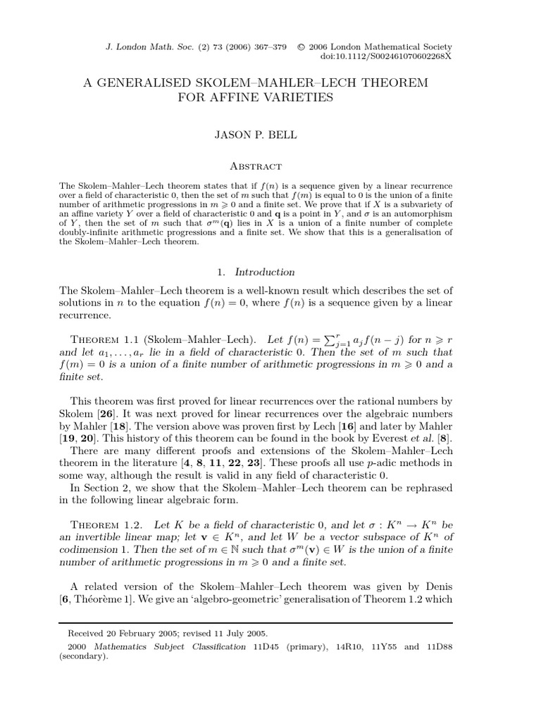 Bell 2006 A GENERALISED SKOLEM-MAHLER-LECH THEOREM | PDF
