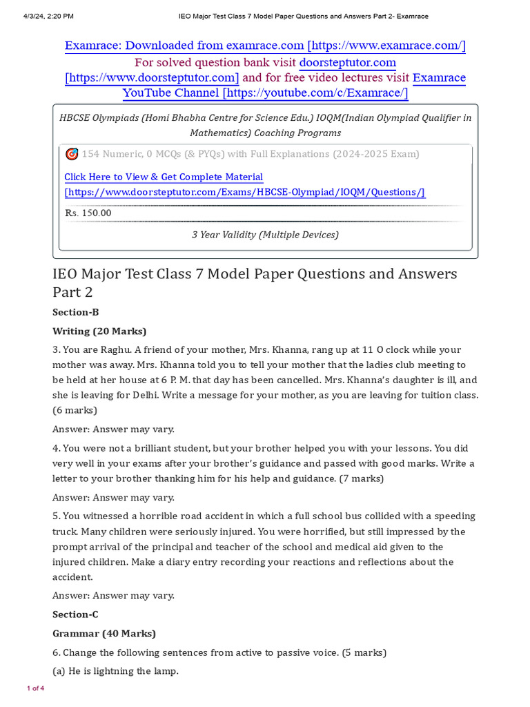IEO Class 7 Model Paper Part 2 | PDF | Syntax | Semantic Units