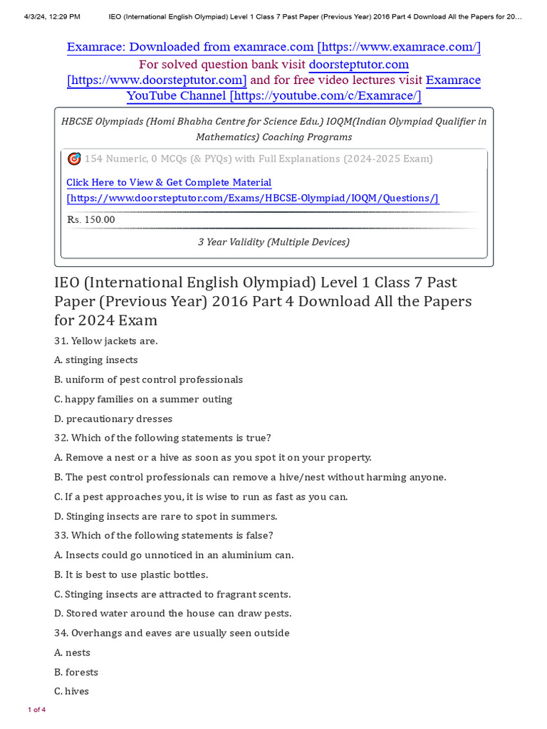 IEO Level 1 Class 7 2016 Part 4 | PDF