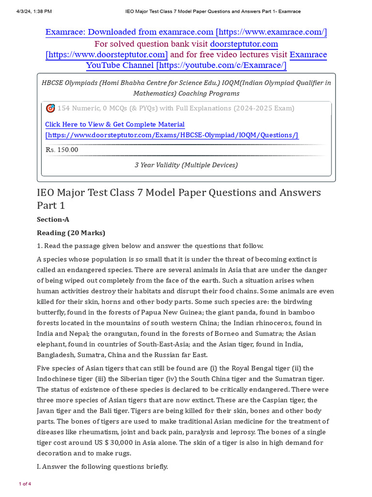 IEO Class 7 Model Paper Part 1 | PDF