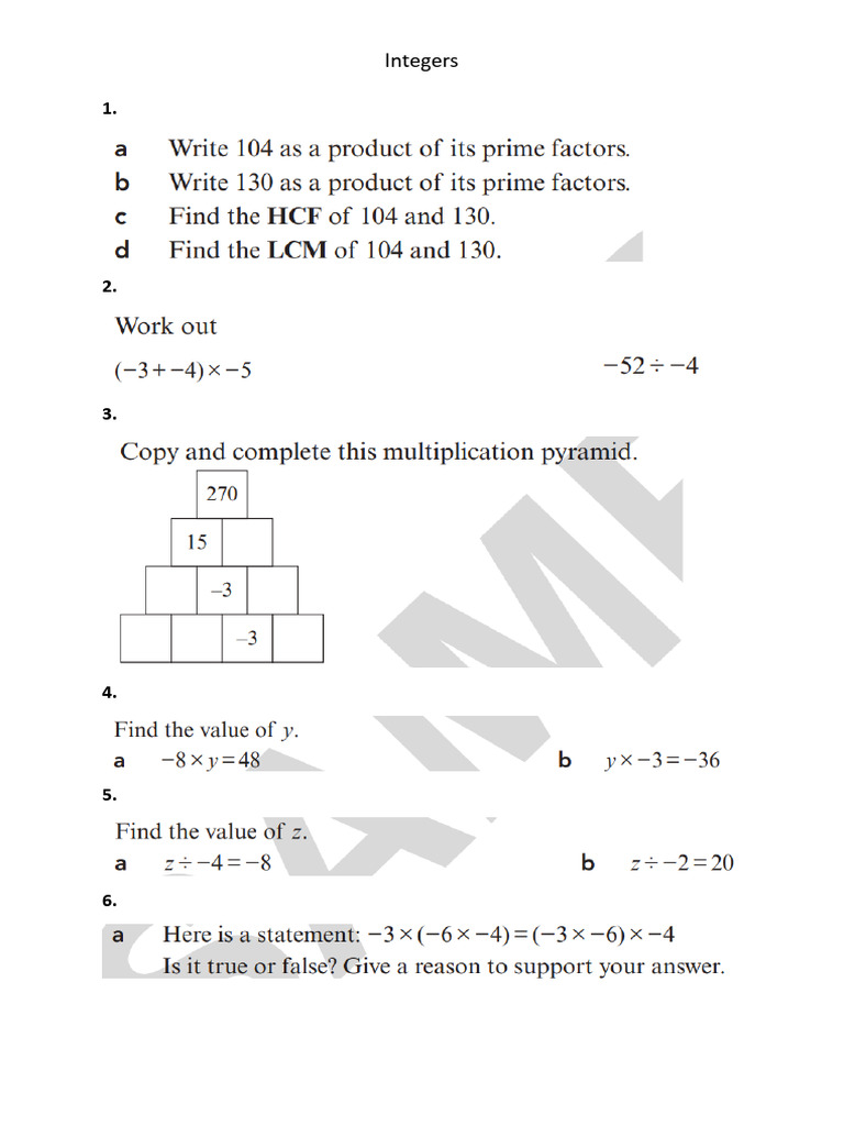 Integers Revision Pdf