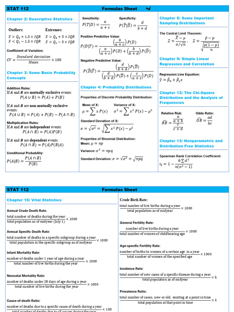 STAT 112 Formulas Sheet Final | PDF