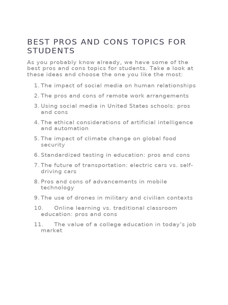 Best Pros and Cons Topics For Students | PDF