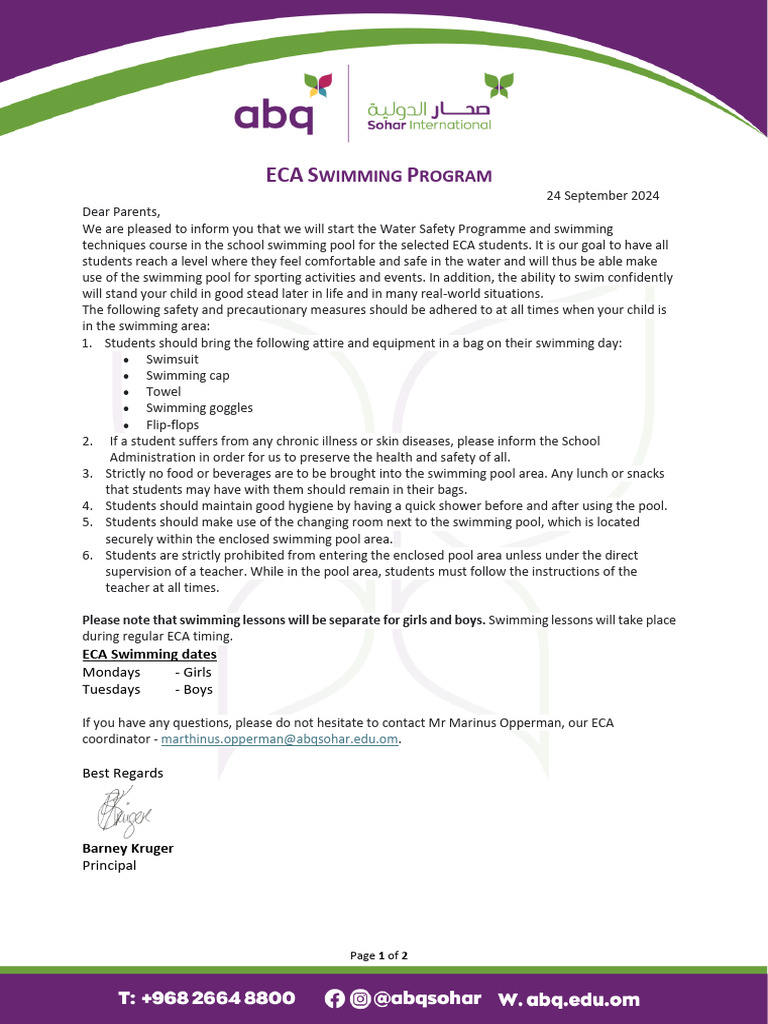 ECA GR 1-12 Swimming Letter 2024-2025 | PDF