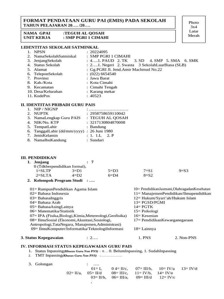 Format Pendataan Guru Pai Pada Sekolah | PDF