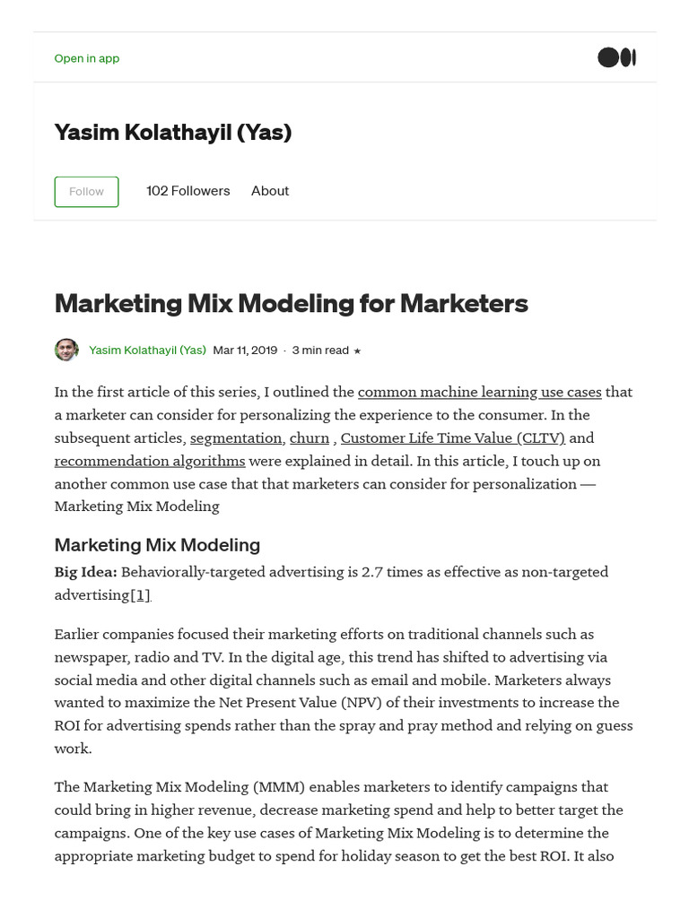Marketing Mix Modeling For Marketers - by Yasim Kolathayil (Yas) - Medium | PDF