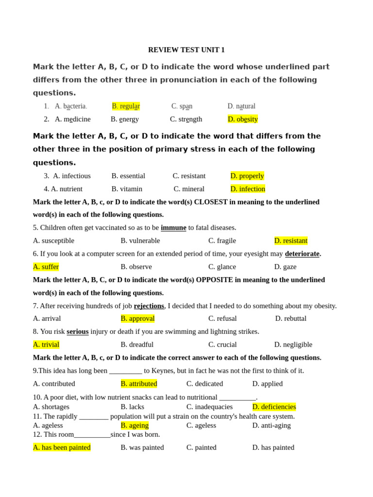 Review Test Unit 1 Grade 11 | PDF