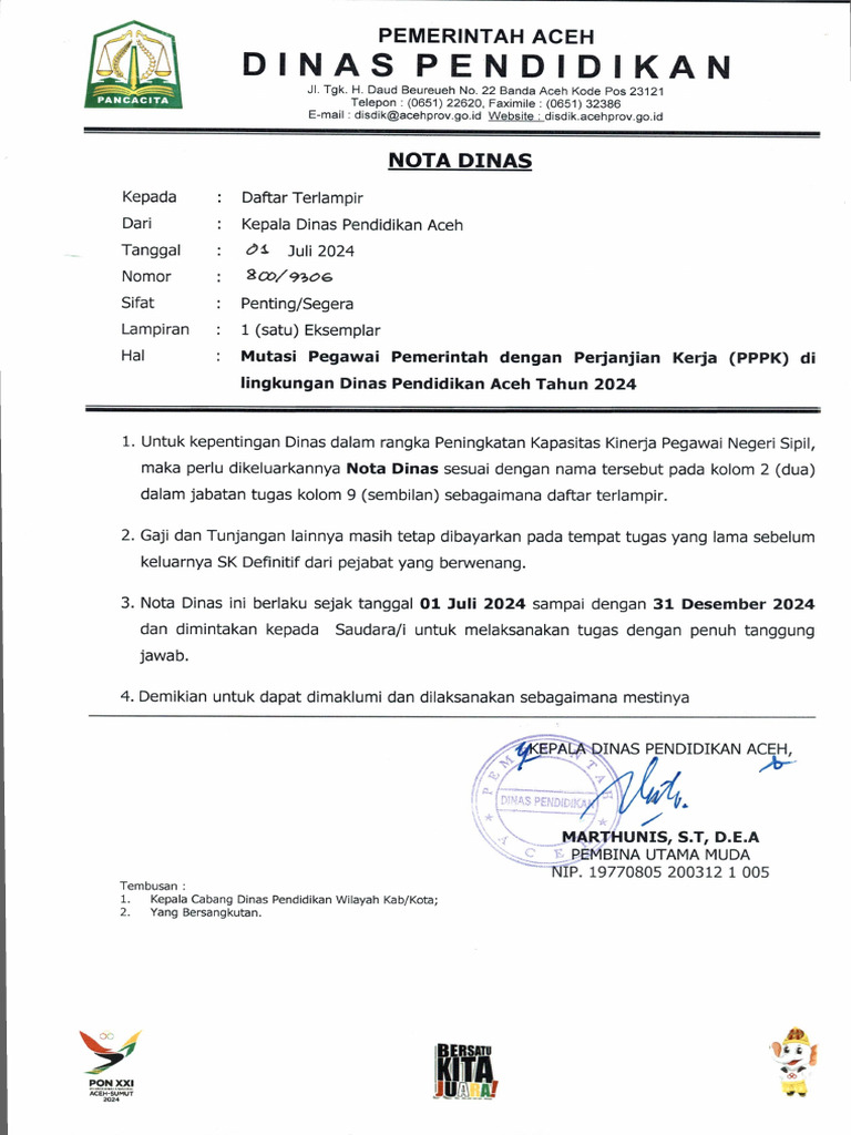 Nota Dinas Terkait Mutasi PPPK Di Lingkungan Disdik | PDF