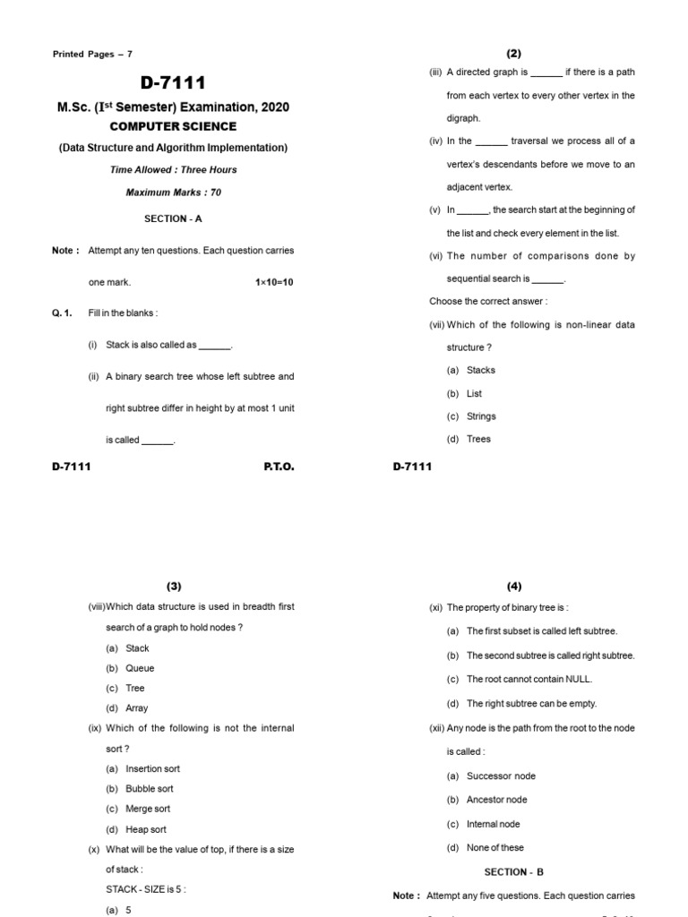 MSC 1 Sem Cs Data Structure and Algorithm Implementation D 7111 2020 | PDF