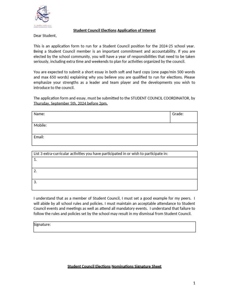 HS Student Council Application 2024 2025 PDF