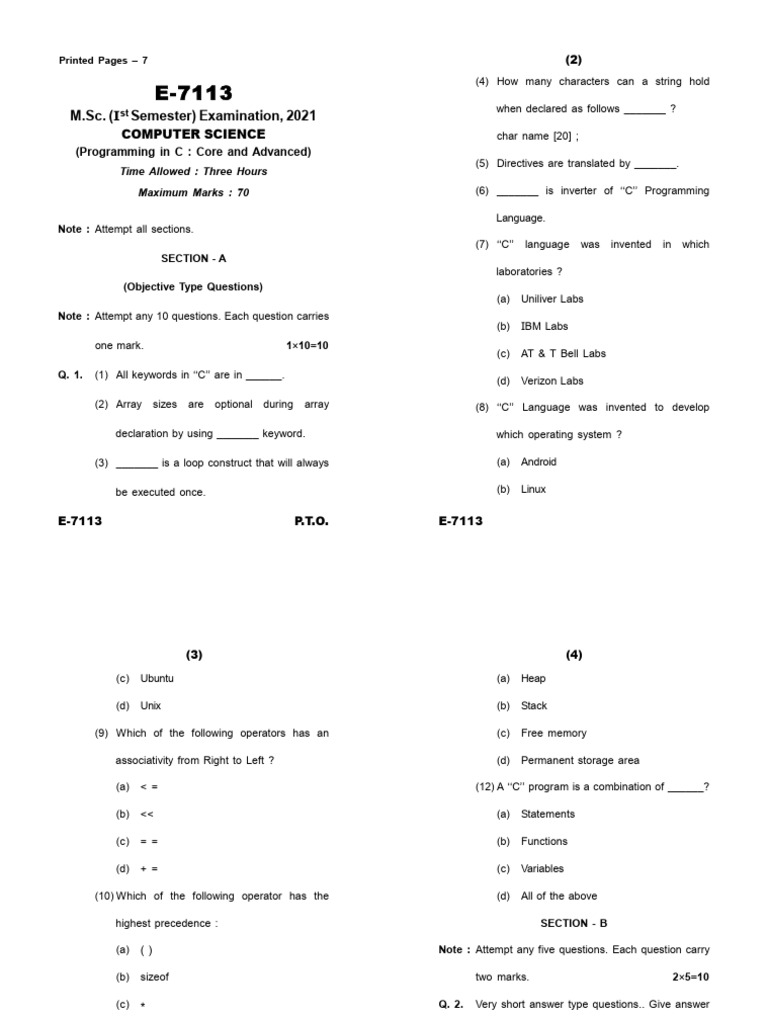 MSC 1 Sem Cs Programming in C Core and Advanced e 7113 2021 | PDF MSC 1 Sem Cs Programming in C Core and Advanced e 7113 2021 | PDF