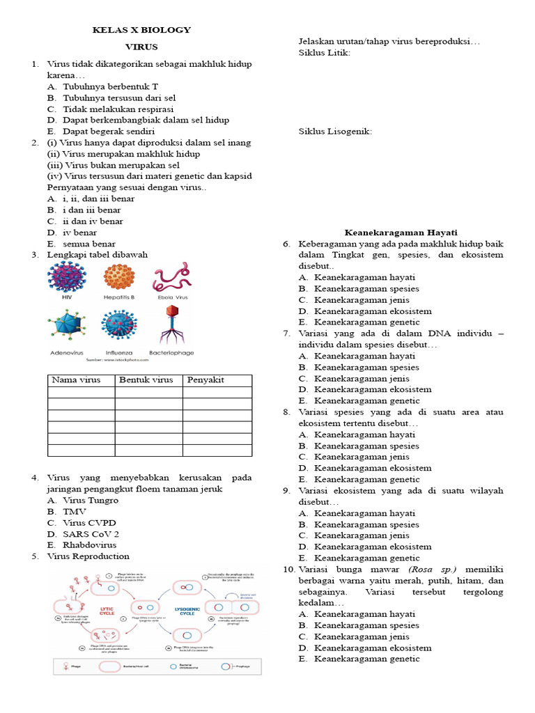 Soal Virus dan Keanekaragaman Hayati Kelas 10 | PDF | Sains & Matematika