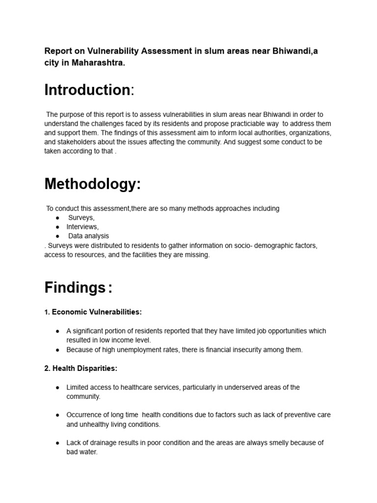 Report On Vulnerability Assessment in Slum Areas. | PDF