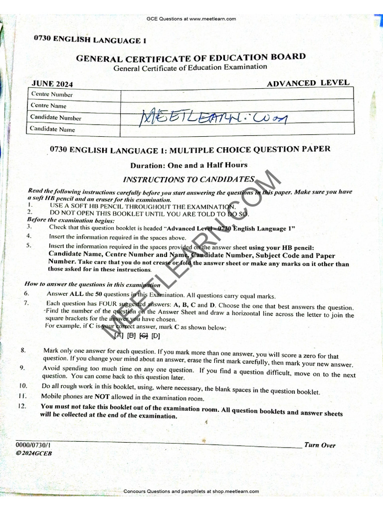 GCE A Level 2024 MeetLearn English Language Paper 1 | PDF