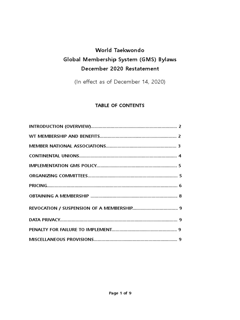 World Taekwondo Global Membership System (GMS) Bylaws December 2020 Restatement - English | PDF