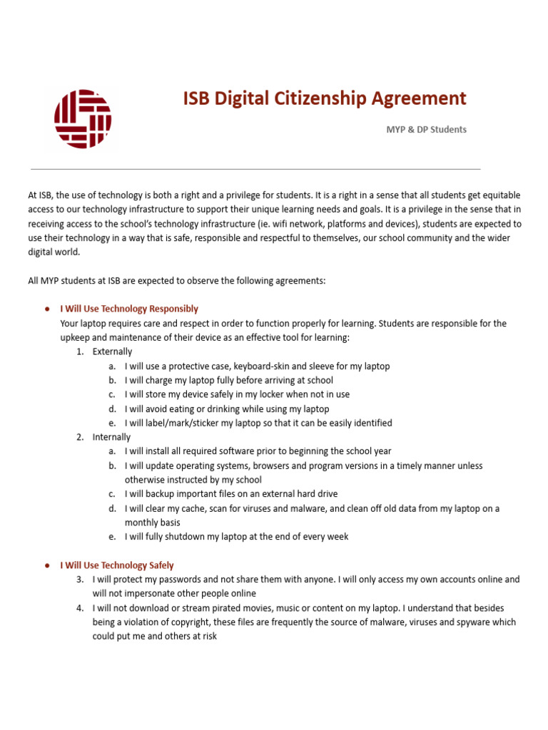 Grade 8 Aiden Kim - Digital Citizenship Agreement 2021-2022 | PDF