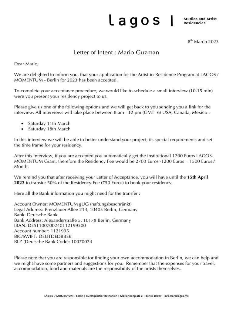 2023-LAGOS BER-Mario Guzman-Letter of Intent | PDF