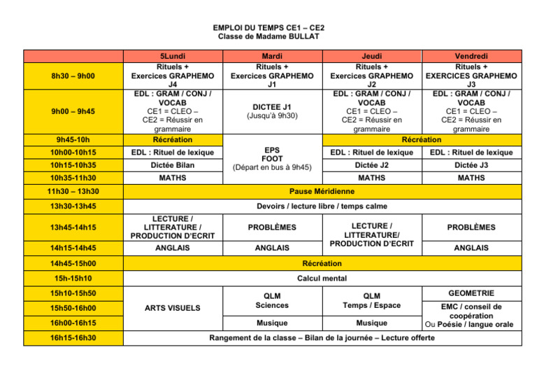 Emploi Du Temps 2024-2025 PERIODE 1 | PDF