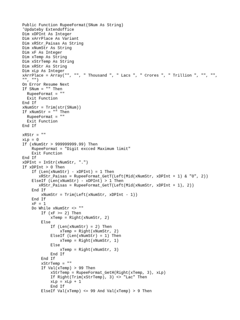 Rupees Number To Text tRupeeFormat (Num) | PDF