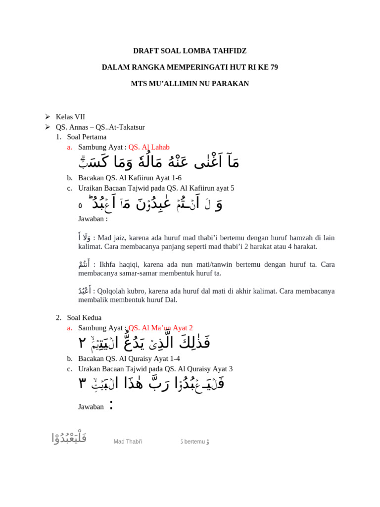 Draft Soal Lomba Tahfidz | PDF