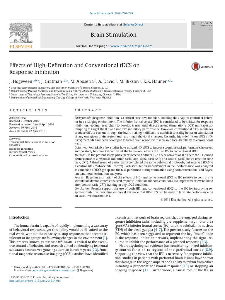 Effects of High-Definition and Conventional TDCS On Response Inhibition | PDF