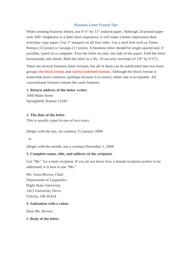 The Block Format Various Indented Formats: Business Letter Format Tips ...