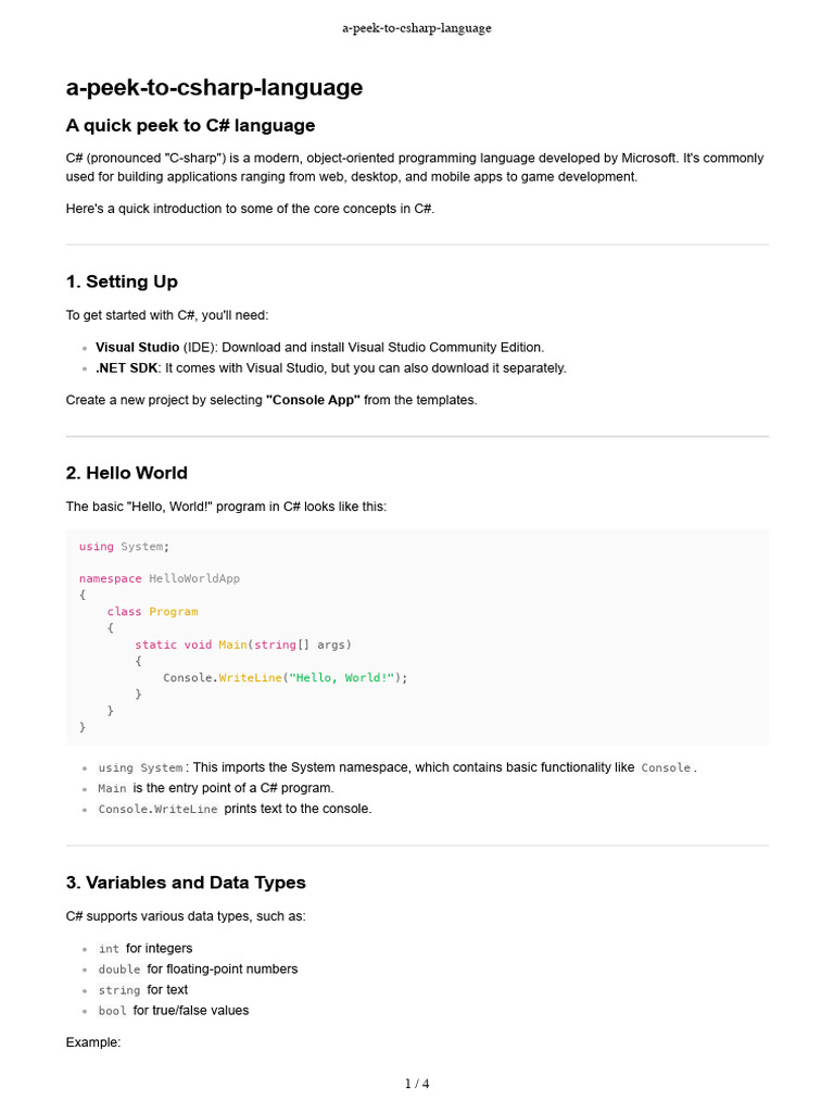 A Quick Peek To C Language Pdf C Sharp Programming Language Computers