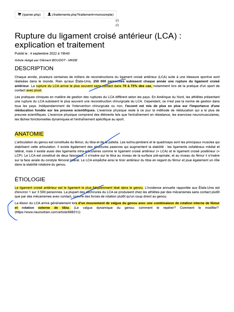 Rupture Du Ligament Croisé Antérieur (LCA) - Explication Et Traitement | PDF