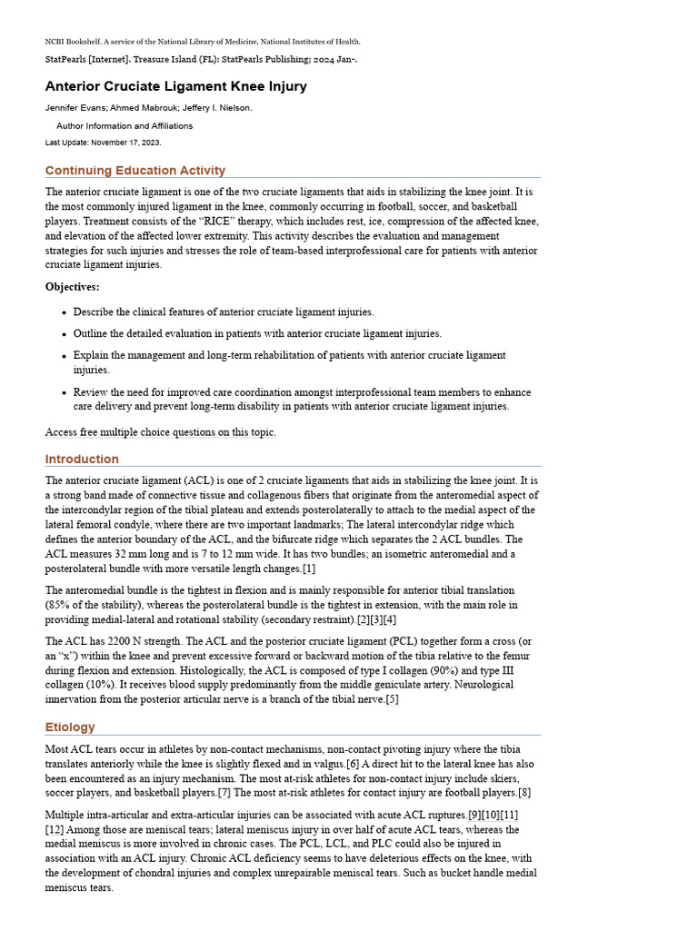 Anterior Cruciate Ligament Knee Injury - StatPearls - NCBI Bookshelf | PDF