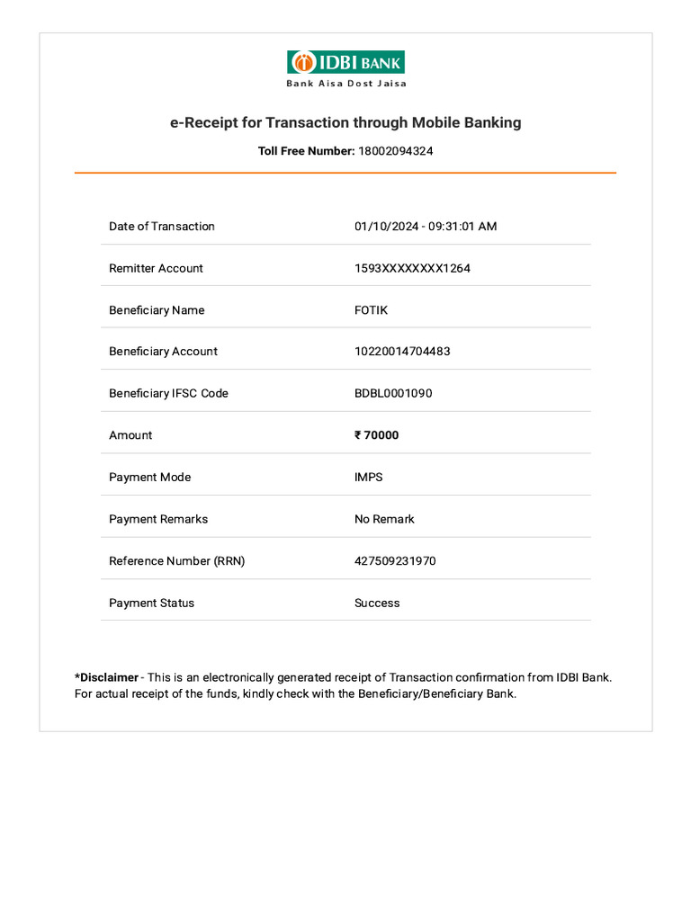 IMPS Transaction Receipt for ₹70,000 | PDF