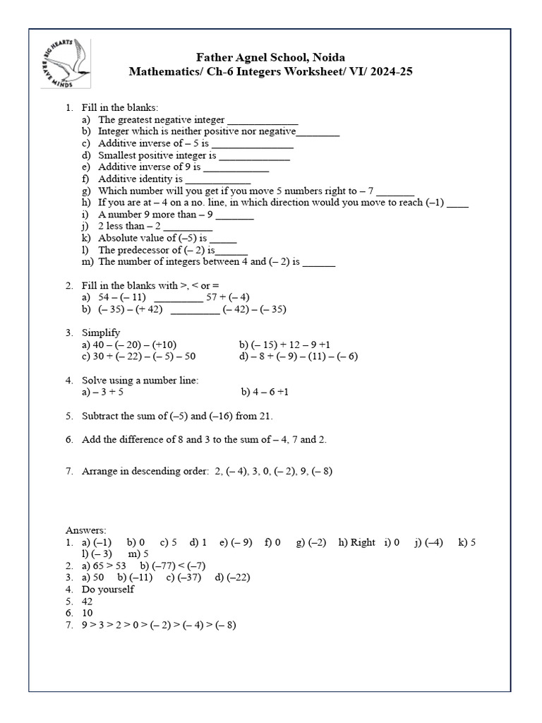 Class 6 Integers Worksheet 2024-25 | PDF | Teaching Methods & Materials