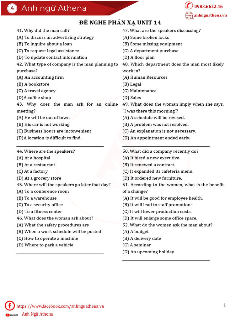 Transcript + Đề Nghe Phản Xạ Unit 14 | PDF