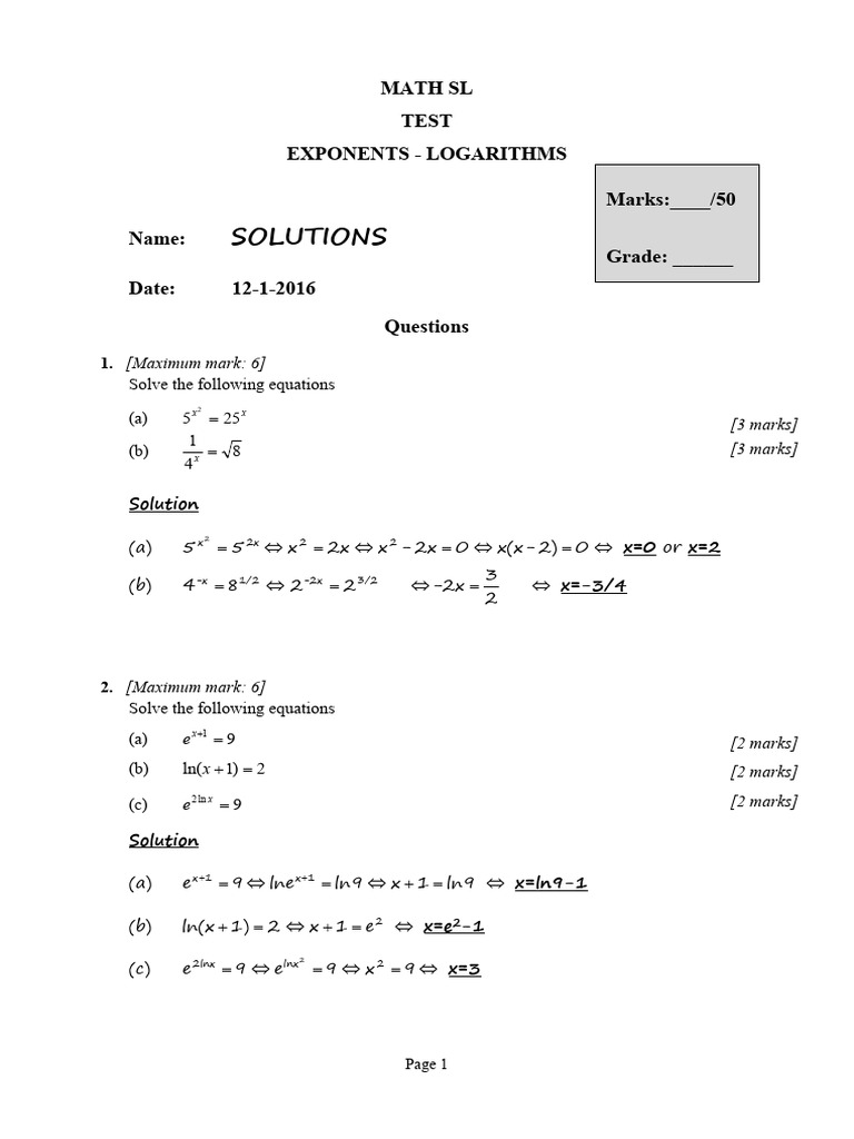 TEST 1. Exponents-Logarithms (SOLUTIONS) (1) | PDF